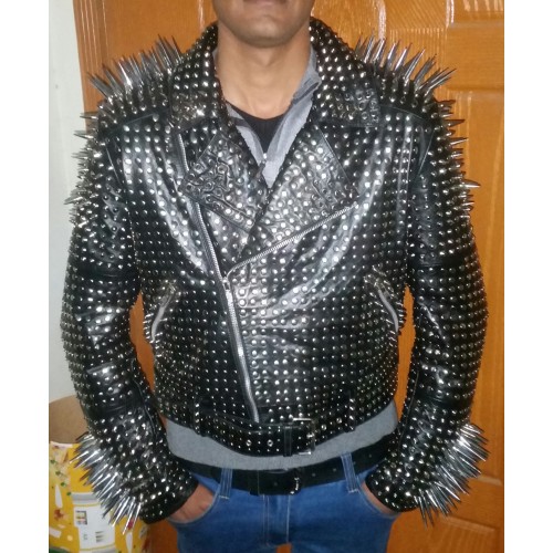 Black Color Punk Style Genuine Leather Jacket Long Silver Spiked Studs ...