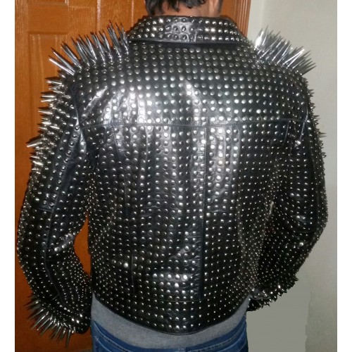 Black Color Punk Style Genuine Leather Jacket Long Silver Spiked Studs ...